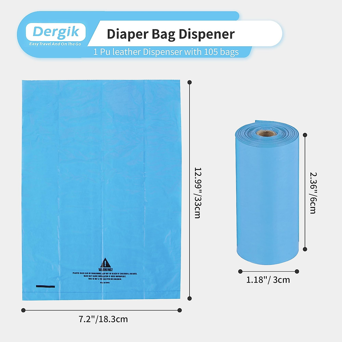 Dergik LEATHER Diaper Bag Dispenser | 105 Diaper Bags Disposable (7 Refills) for Baby and Toddler Poop or Dirty Clothes, Dirty Paper Towels | Portable Travel Essential and On the Go, Silver