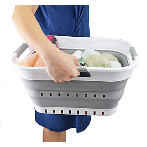 SAMMART Collpasible Laundry Basket (19L Collapsible Laundry Basket with Holes (White/Grey))