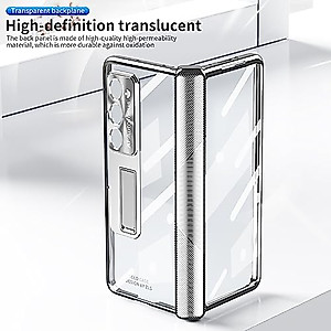 PUROOM for Samsung Galaxy Z Fold 5 Hinge Coverage Protective Case Transparent Plating PC with Pen Holder Kickstand Screen Protector All-Inclusive Case (z fold 5, Silver)