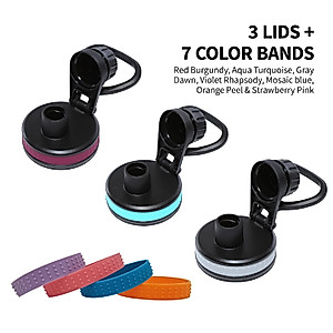 3 Spout Lids + 7 Color Bands for Flask Wide Mouth Thermo Bottle with mouth diameter of 2.26 inches - Replacement Lid Accessories, Easy to Carry Triangulated Shape