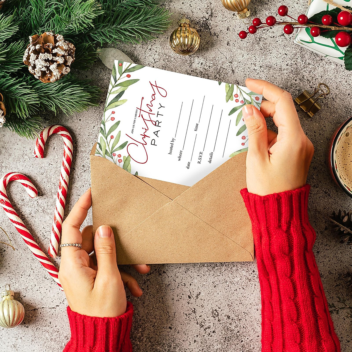 Whaline 25 Pack Christmas Party Invitation Cards Holly Greenery Watercolor Leaves&Berries Invitation Paper Cards with Envelopes Xmas Holiday Party Invites