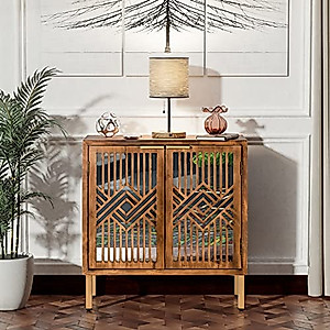COZAYH 2 Door Accent Cabinet Modern Mirror Fronts Clean-Lined Silhouette, Natural