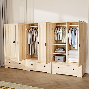 VINGLI Wardrobe Closet, Armoires and Wardrobes with Doors,Hanging Rod, Shelves and Drawer, Freestanding Closet Wardrobe Cabinet, Oak Armoire Wardrobe for Bedroom, Dorm, 38" W x 21" D x 65" H