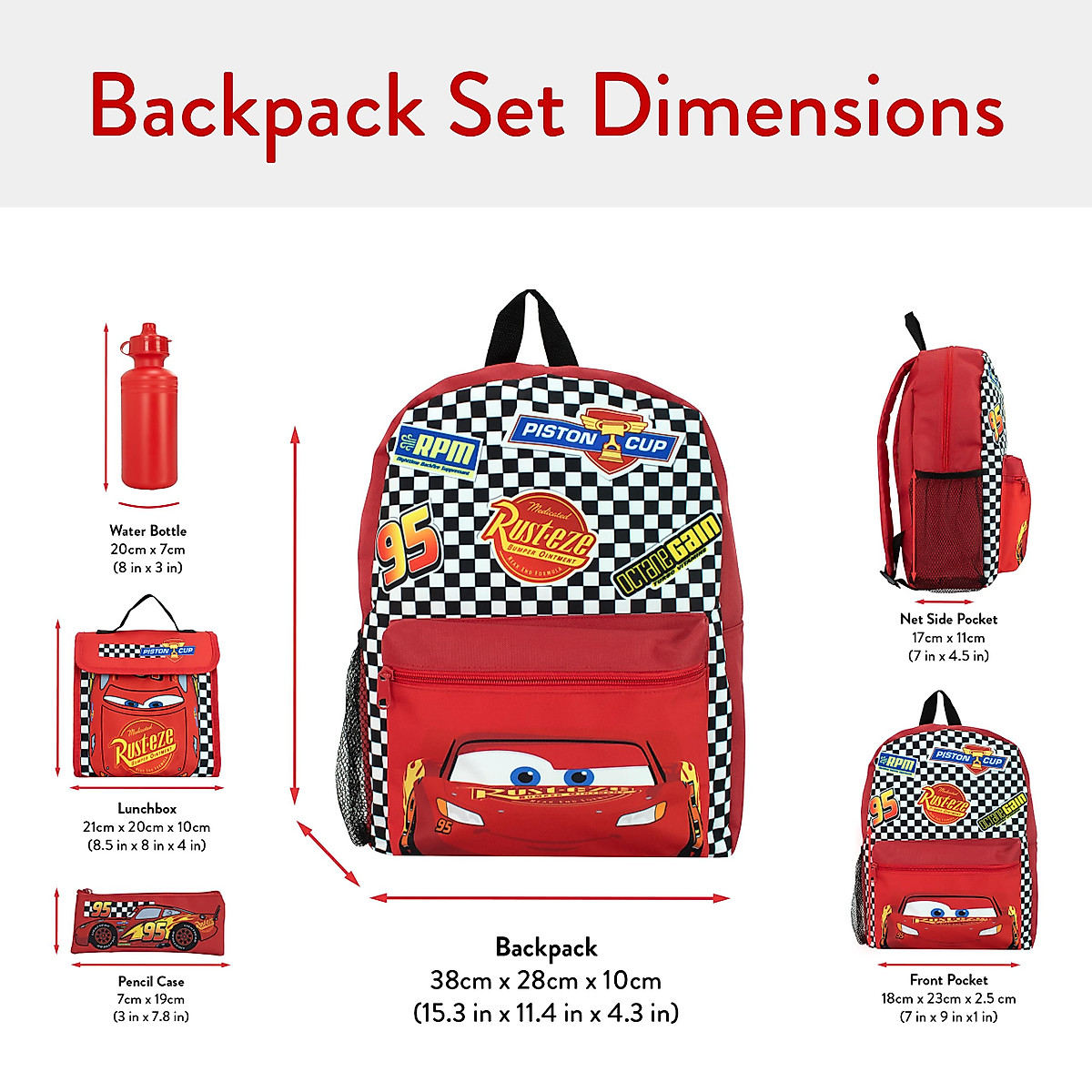 Disney Cars Backpack Set 4 Piece | Lightning McQueen Backpack Pencil Case Water Bottle and Lunch Bag | Children's Backpacks For School And Adventures | Official Cars Merchandise