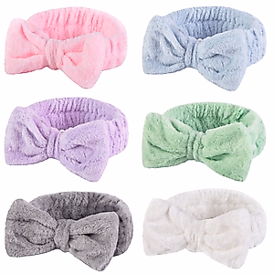 Shindel 6PCS Makeup Headbands for Women, Spa Headband Bow Tie Hair Band Coral Fleece Head Wraps for Washing Face Skincare Shower Sports Yoga 6 Assorted Colors