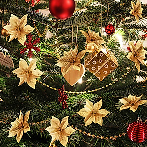 WILLBOND Glitter Christmas Tree Ornaments Artificial Wedding Christmas Poinsettia Flowers for Christmas Flowers Tree Wreaths Decor Ornament (30, Gold 1)