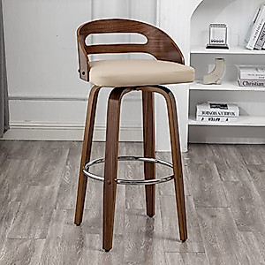 Bar Stools Set of 2, Swivel Bar Height Stools with Walnut Bentwood, Low Back, Upholstered Faux Leather, Soft Cushion Seat, Mid Century Bar Stools for Kitchen/Island/Counter (Beige, 25" Seat Height)