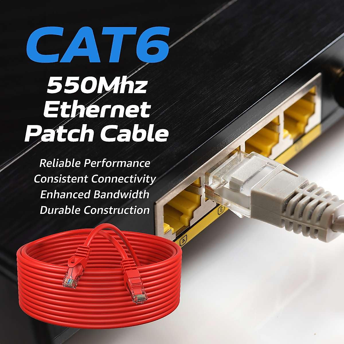 Cables Direct Online Cat6 100FT Network Ethernet Patch Cable, 550Mhz Internet Wire, Compatible with PC, Laptop, Modem, Router, TVs, Printer Cord, Consoles for Home and Office, Red