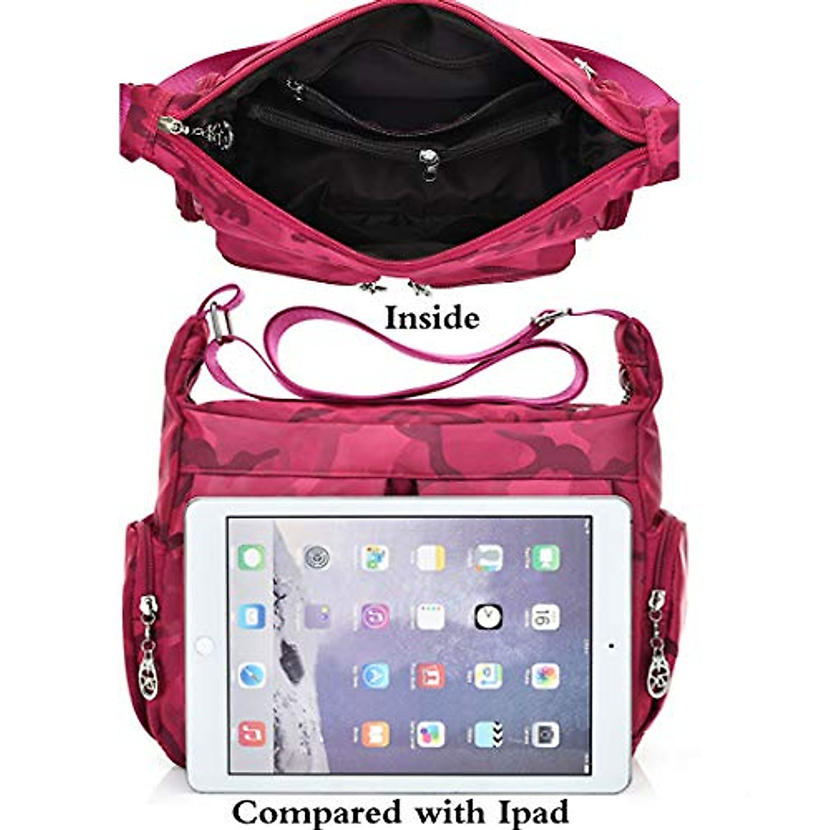 FiveloveTwo Lightweight Nylon Multi Pocket Hobo Shoulder Crossbody Bag Handbags and Purses for Women Men Top-handle Messenger Crossbody Bag Pack Totes Satchels Purple Camouflage