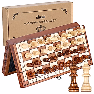 Syrace Magnetic Chess Set Board Games, Wooden Folding Hand Crafted Portable Travel Chess Board Game Sets with Game Pieces & Storage Slots