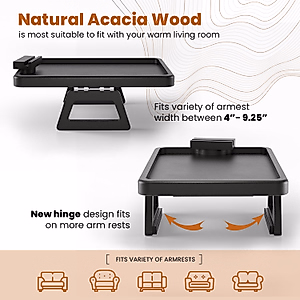 Tinamo Acacia Wood Sofa Armrest Tray - Large Sofa Arm Tray Table Clip - Couch Arm Table for Wide Couches - Wooden Side Tables for Small Spaces for Eating and Drink (Black, Large)