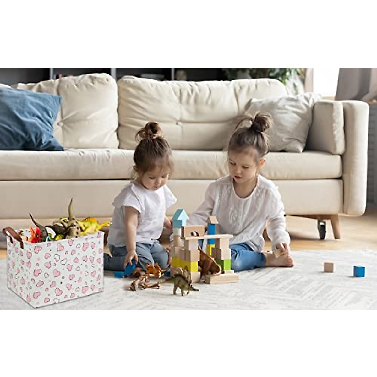 HIYAGON Pink Basket,Valentines Gift Baskets Empty,Cute Storage Bin,Baby Girl Basket, Kids Toy Basket,Rectangular Shelf Basket with Handles,Nursery(Pink Hearts)