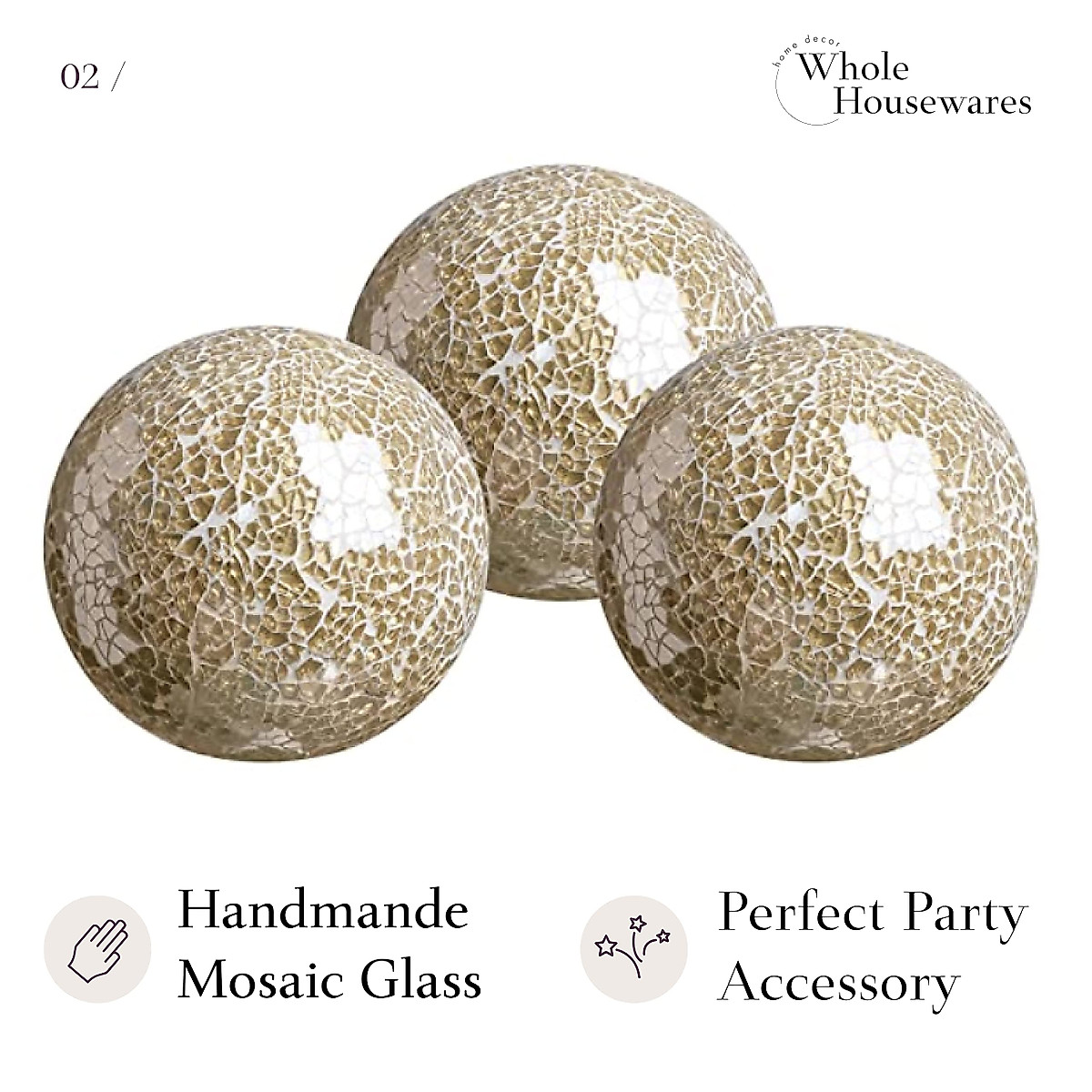 WHOLE HOUSEWARES | Decorative Balls for Centerpiece Bowls | Set of 3 | Glass Mosaic Sphere | Diameter 4" | Home/Garden/Kitchen/Living Room Decor | Decorative Balls for Bowls (Gold)