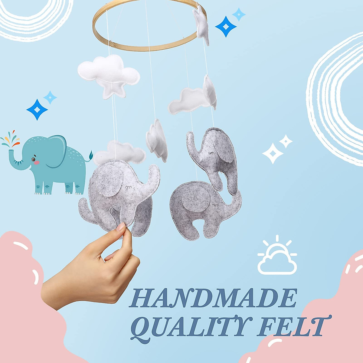 Elephant Baby Crib Mobile Neutral Felt Nursery Ceiling Decoration Cloud and Star Felt Baby Mobile Elephant Mobiles for Shower Gifts Baby Cribs Ceiling Hanging Decorations