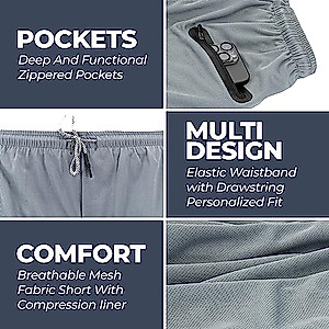 Panther Sports Apparel Men's Athletic Shorts for Gym, Workout, Running, Fitness, with Compression Liner, Lightweight, Quick-Dry, Zipper Pockets, 7-inch Inseam, Dark Grey, XL