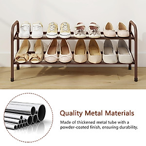 Gewudraw 2-Tier Shoe Rack Expandable, Width Adjustable Shoe Shelf Storage Organizer, 41.53'' Metal Standing Shoe Rack for Bedroom Entryway Closet, Holds up to 12 Pairs Shoes, Brown