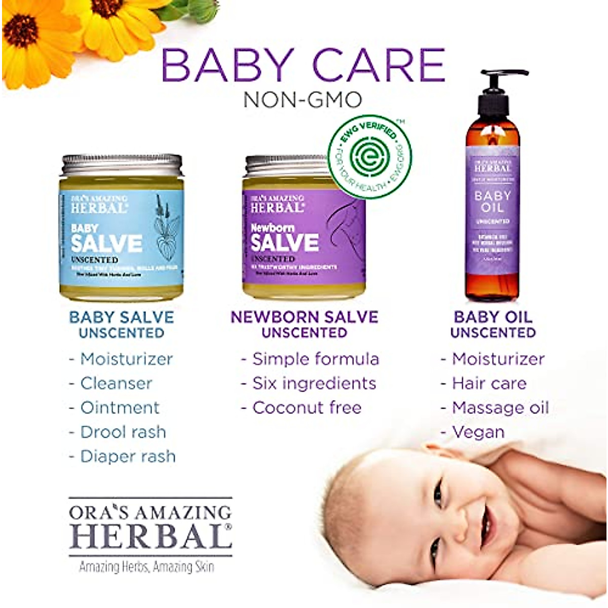 Newborn Salve, Baby Calendula Cream, Baby Acne Treatment, EWG Verified Baby Eczema Cream, Cradle Cap Treatment, Diaper Ointment, Natural Baby Care with Organic Calendula, Ora's Amazing Herbal