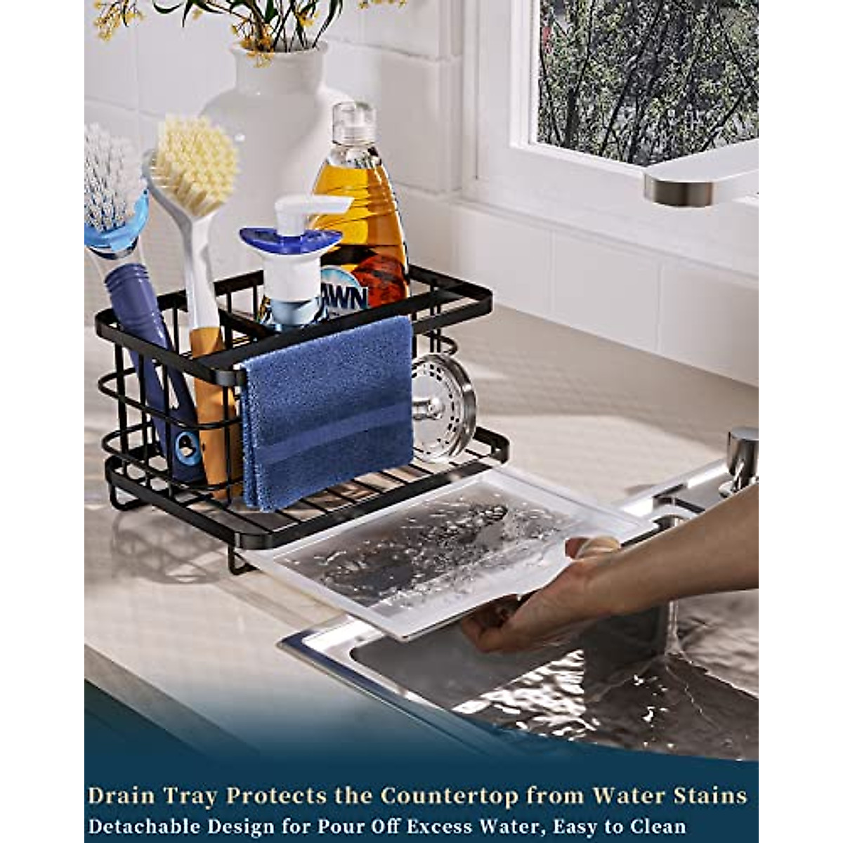 Consumest Sponge Holder Kitchen Sink Caddy Organizer, kitchen sink organizer with Drip Tray for Countertop, SUS304 Stainless Steel Rustproof Soap Sponge and Dish Brush Holder - Black