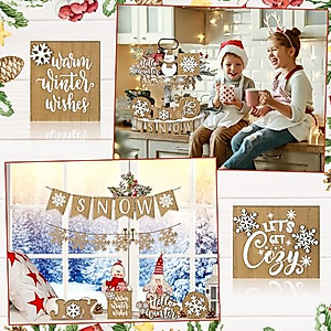 Chitidr 20 Pcs Tiered Tray Set - Christmas Snowflake Table Decor Snowman Rustic Farmhouse Wood Sign Hello Winter Tabletop Sign Decor for Xmas Winter Holiday Table Shelf Home
