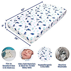 Baby Bees 4 Pieces Cartoon Dinosaurs Crib Bedding Sets for Boys and Girls | Baby Bedding Crib Set of Crib Fitted Sheet, Quilt, Dust Ruffle & Pillow Cover for Standard Size Crib,Blue