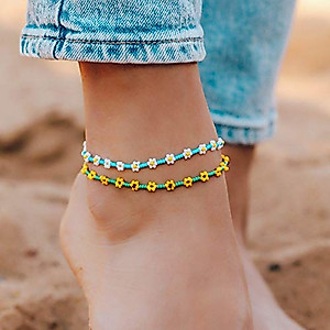 Pura Vida Daisy Flower Seed Bead Adjustable Anklet w/Charm, Waterproof - Yellow