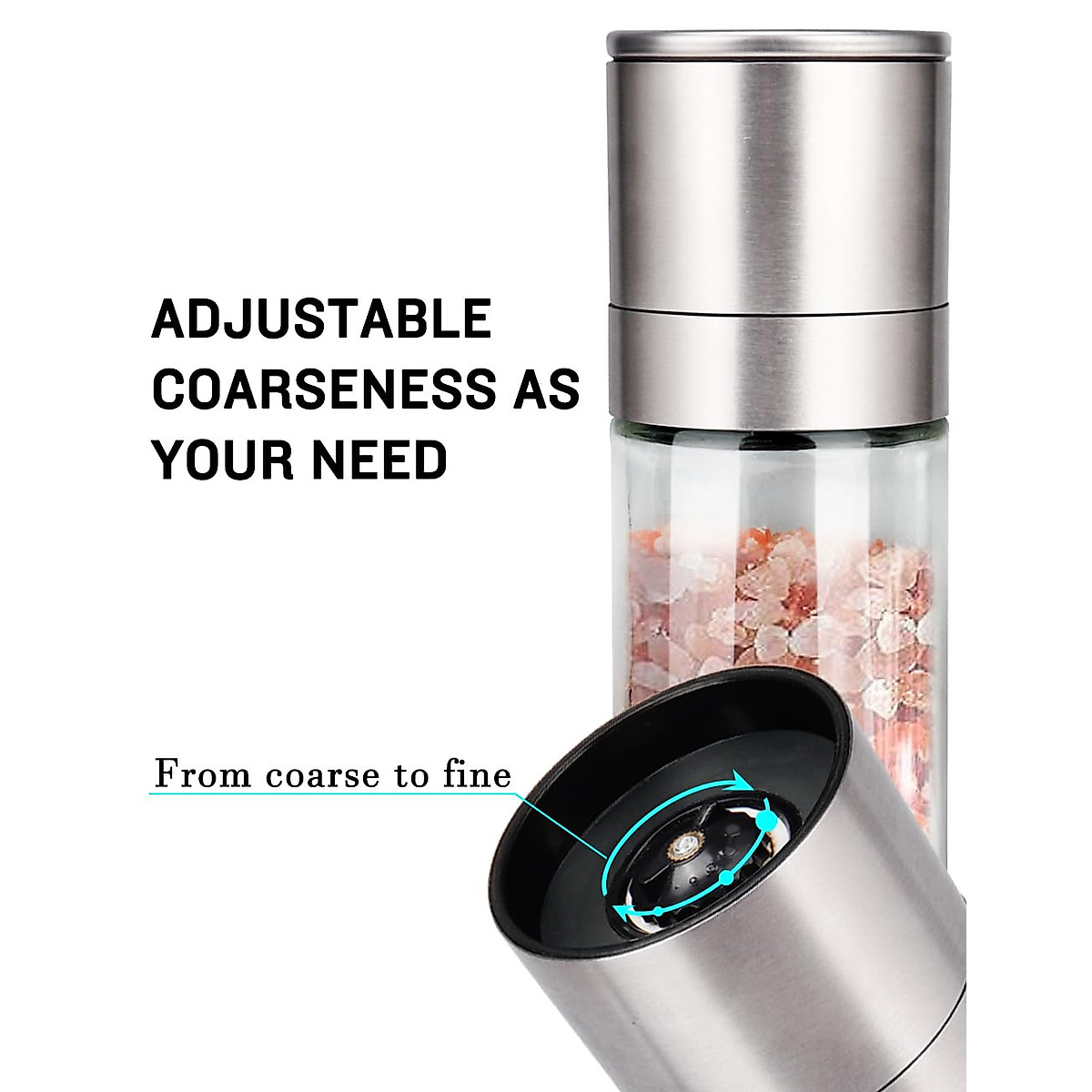 Gulex® Salt Grinder Pepper Mill, Salt Grinder Refillable, Adjustable Coarseness Black Pepper Grinder, Stainless Steel Sea Salt Shaker with Ceramic Rotor(salt and pepper not included)