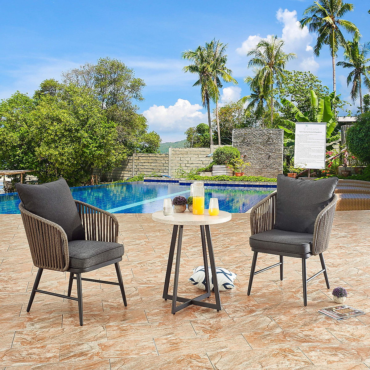 LOKATSE HOME 3 Piece Outdoor Patio Ratten Wicker Bistro Balcony Porch Chairs Furniture Sets with Table, Grey