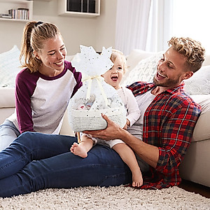Baskets&Bins for Shelf Storage Organizing/Woven Baskets for Storage/Cotton Rope basket set of 4/Rectangle Toy Basket/Cute Storage for gift/for Bedroom with the Handle, Star Gauze, Ribbon (White)