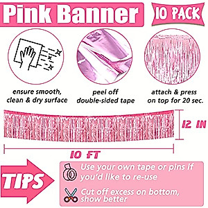 10 Pack 10 Feet Foil Fringe Garland Metallic Tassle Banner Wall Hanging Tinsel Streamers Backdrop for Parade Floats, Bachelorette, Wedding, Birthday, Halloween, Christmas Party Decorations(Pink)
