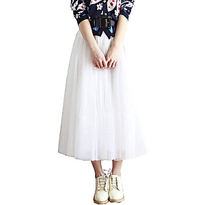 LBKKC Women's Midi Tulle Skirt Elastic Waist 3 Layered Mesh Formal Prom Party Tutu Skirt A Line(L,Off White)