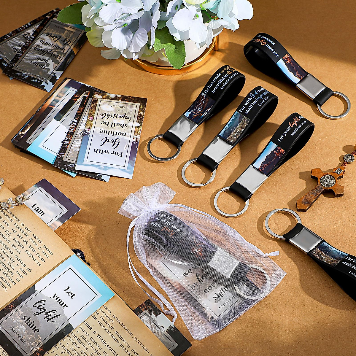 Jetec 60 Pcs Bible Verse Keychains Religious Gifts Christian Keychains Cards Sets with White Organza Bags for Women Men Christmas(Landscape Theme)