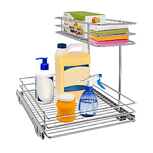 AHNR Pull Out Cabinet Organizer, 2-Tier Under Sink Slide Out Kitchen Cabinet Storage Shelves with Sliding Storage Drawer for Cabinet - 12.6W x 16.5D x 13H, Request at Least 13" Cabinet Opening