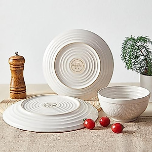 Pokini Ceramic Dinnerware Sets, Beige Relief Plates and Bowls Sets, 12 Pieces Stoneware Dinnerware Set Service for 4, Vintage Look Kitchen Dish Set, Handmade Highly Chip and Crack Resistant Dishes