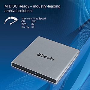 Verbatim External CD DVD Blu-ray Writer USB 3.0 M-Disc Ready - Movie playback requires playback software (not included)