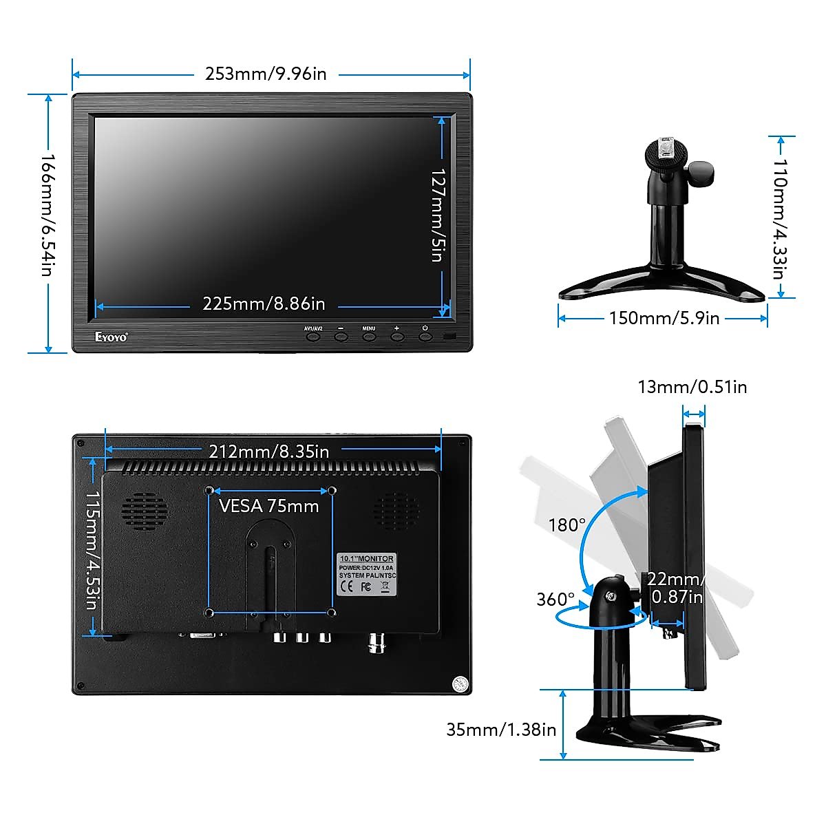 Eyoyo 10 Inch Monitor 1024x600 Small Display HD TFT LCD Display Screen Support AV VGA BNC HDMI Video Input for CCTV DVD PC DVR with Speakers and Remote Control