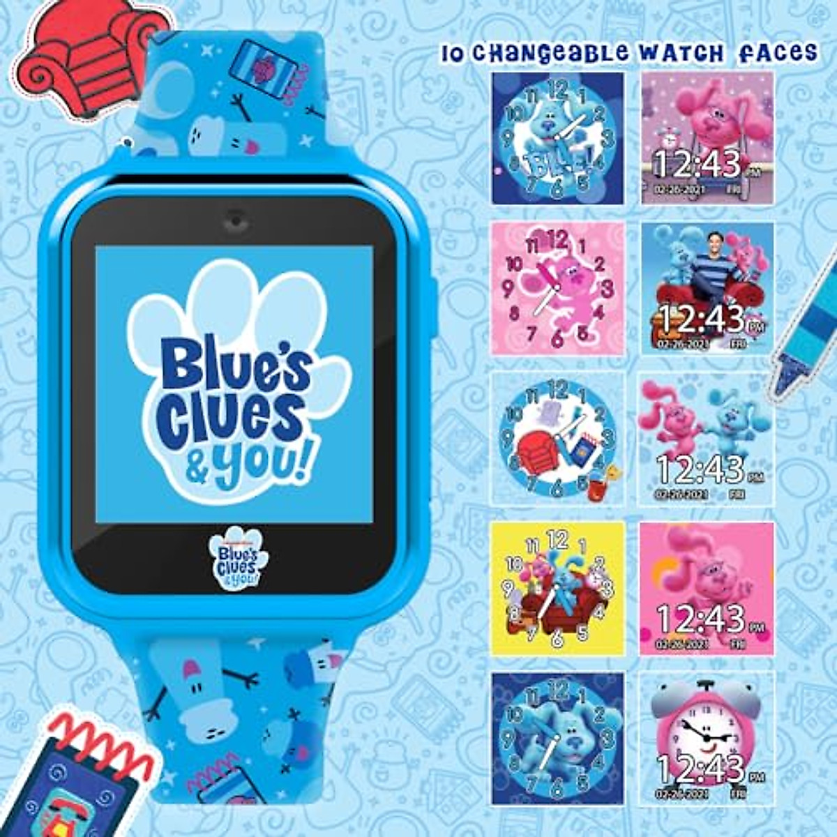 Accutime Blue’s Clues & You! Kids Smart Watch - Interactive Touchscreen with Games, Selfie Camera, Step Tracker, Alarm, and Printed Silicone Strap - Fits Wrists 5.5" to 8.0"