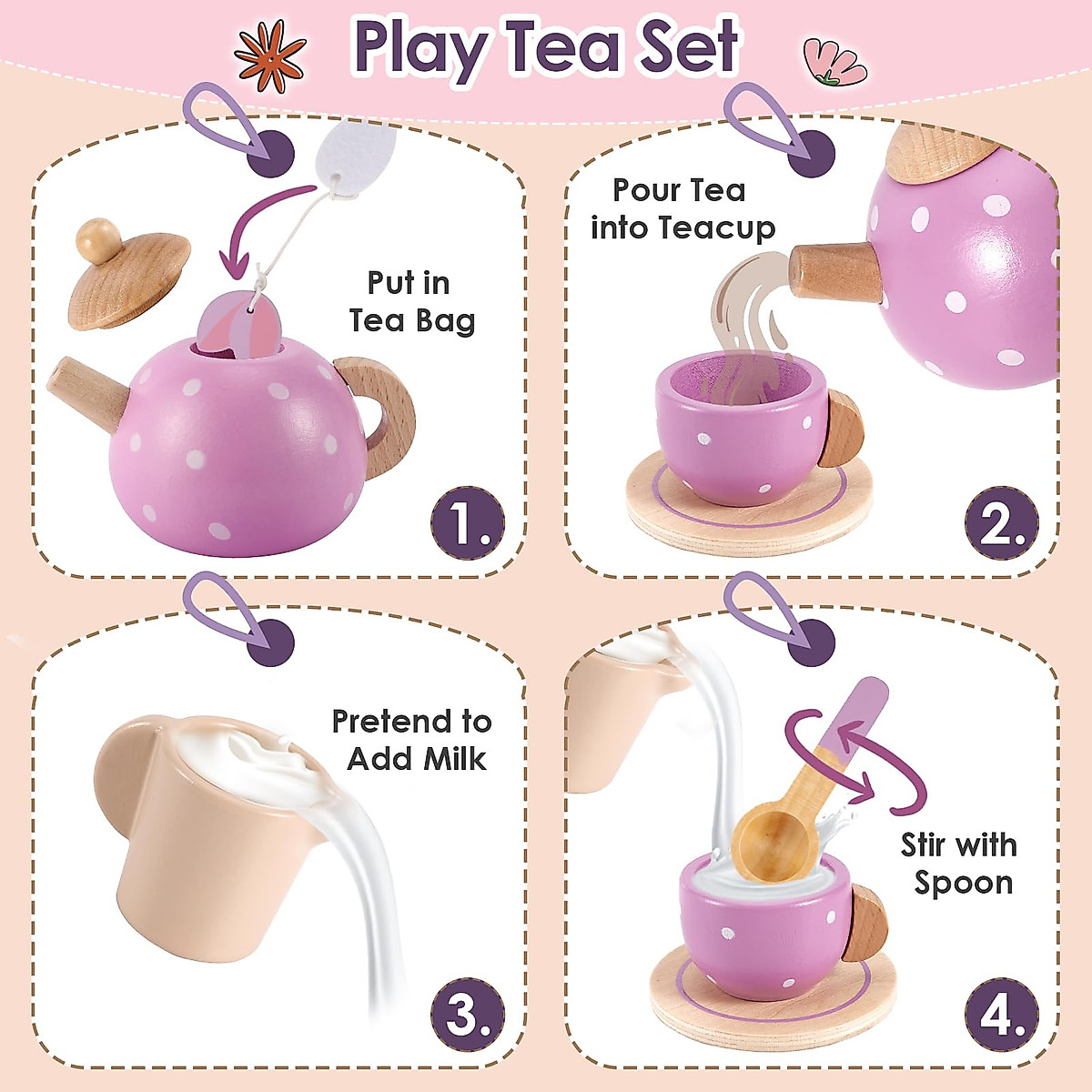 BUYGER Wooden Tea Party Set for Toddler Little Girls 3-5 with Teapot Tea Cup Set Wooden Play Food Toy Kitchen Accessories for Kids Girls Children Boys Toddler…