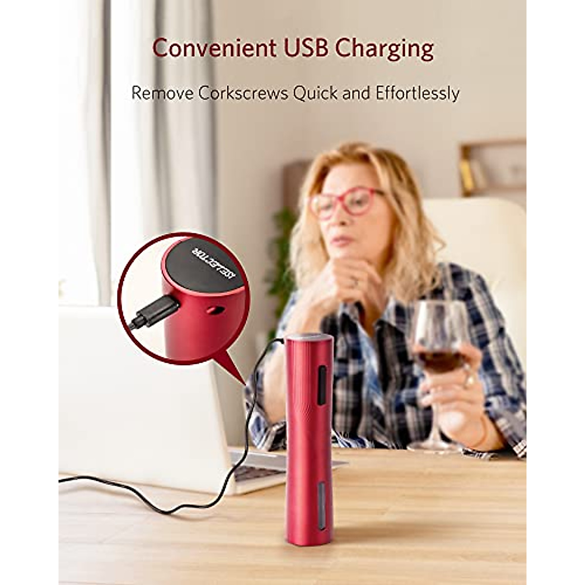 ISELECTOR 6-in-1 Cordless Electric Wine Opener Set Rechargeable Wine Bottle Corkscrew Opener with Wine Pourer, Vacuum Wine Stoppers, Foil Cutter and Wine Temperature Sensor