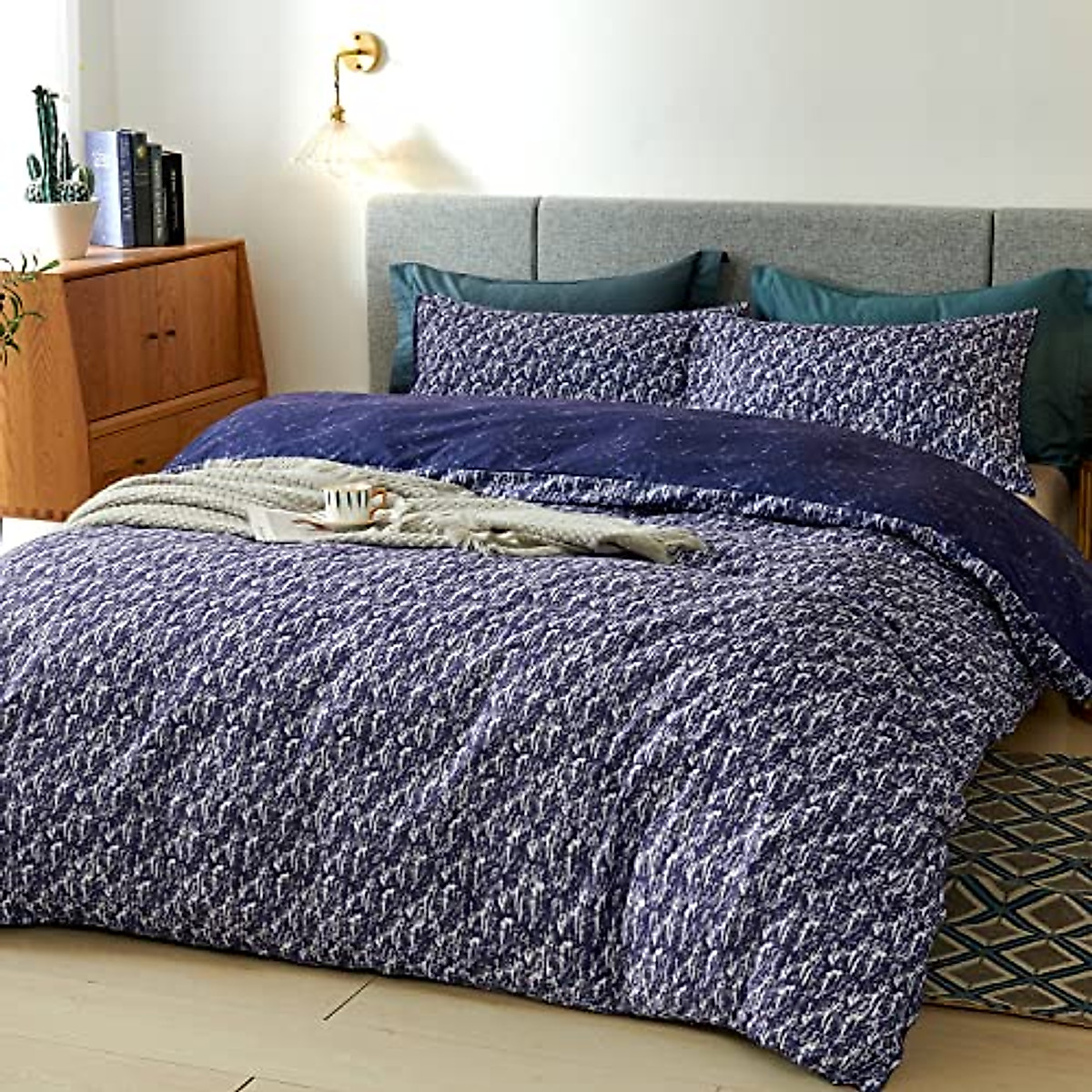 HOMLYNS Duvet Cover Queen Set, Granite Printed Navy Duvet Cover with Zipper Closure & 8 Corner Ties, Soft Microfiber Duvet Cover Set 3 Pieces,Comforter Cover Cooling Duvet Cover (Granite,90"x90")