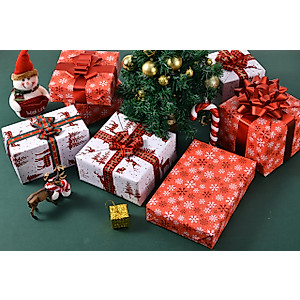 Sikiweiter Christmas Wrapping Paper Rolls -Mini Roll 17 Inch X 33 Feet - Reversible Red Christmas Wrapping Paper, Plaid Reindeer and Snowflake Design Christmas Wrapping Paper(Christmas)