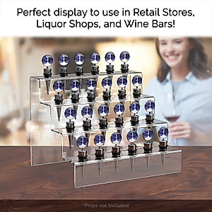 Marketing Holders Wine Bottle Topper Liquor Pourer Display Stand Multi Level 24 Slot Rack with .75 Inch Wide Holes Clear Acrylic Riser 11.5 Inch Wide by 10 Inch Deep Retail Countertop Showcase