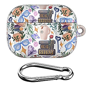 Hard Case Compatible with AirPods Pro 2 | AirPods Pro | AirPods 3 gen 2 1 Design Coffee Read Repeat Shockproof Hook Portable Cute Books Earpods Floral Nerdy Cover Protective Plastic with Keychain