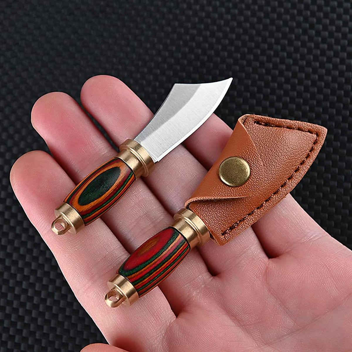 SZHOWORLD New Ultra Small Fixed Blade Knife, 1.6 inch 5Cr Stainless Steel Blade with Brass+Colored Wood Handle, Mini Knife with Leather Sheath and Brass Key Ring for EDC Gift Collection (Style 1)