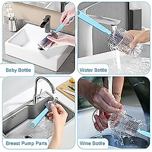 Travel Bottle Cleaner Kit with Baby Bottle Drying Rack, Silicone Liquid Brush, Nipple Brush, Straw Brush, Bottle Soap Dispenser, Baby Bottle Scrubber Brush - Portable Baby Bottle Brush Set, Blue