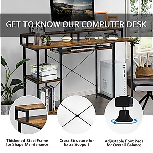 Multigot Wooden Laptop Desk, Industrial PC Table Workstation with Storage Shelves, Monitor Stand and Keyboard Tray, Gamer Computer Desk for Home Office Bedroom and Living Room