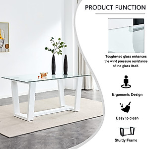 LKTART 63'' Tempered Glass Tabletop Industrial Rectangular Conference Table Dining Table with Black Leg Metal Frame(White)