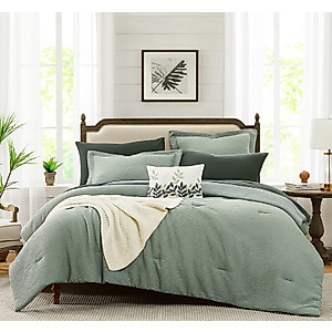 MaiRêve Sage Green Comforter King Size, King Size Comforter Set Crinkle Design, All Season Comfortable King Bedding Set 7 Pieces with Sheets, Comforter, Pillowcases & Shams (King, 102"x90")