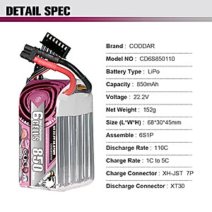 CODDAR 850mAh 6S 22.2V 110C LiPo Battery with XT30 Connector for RC Heli Airplane Quadcopter Helicopter Multi-Motor Hobby DIY Parts,2inch to 3inch FPV, 2inch to 2.5inch CineWhoop