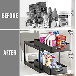 HOMTECH Double Sliding Cabinet Organizer Drawer-Under Sink Organizers & Storage-2 Tier Slide Out Cabinet Organizer- Storage Shelf for Bathroom & Kitchen- Accessory Included Hand Drying Ball, Black