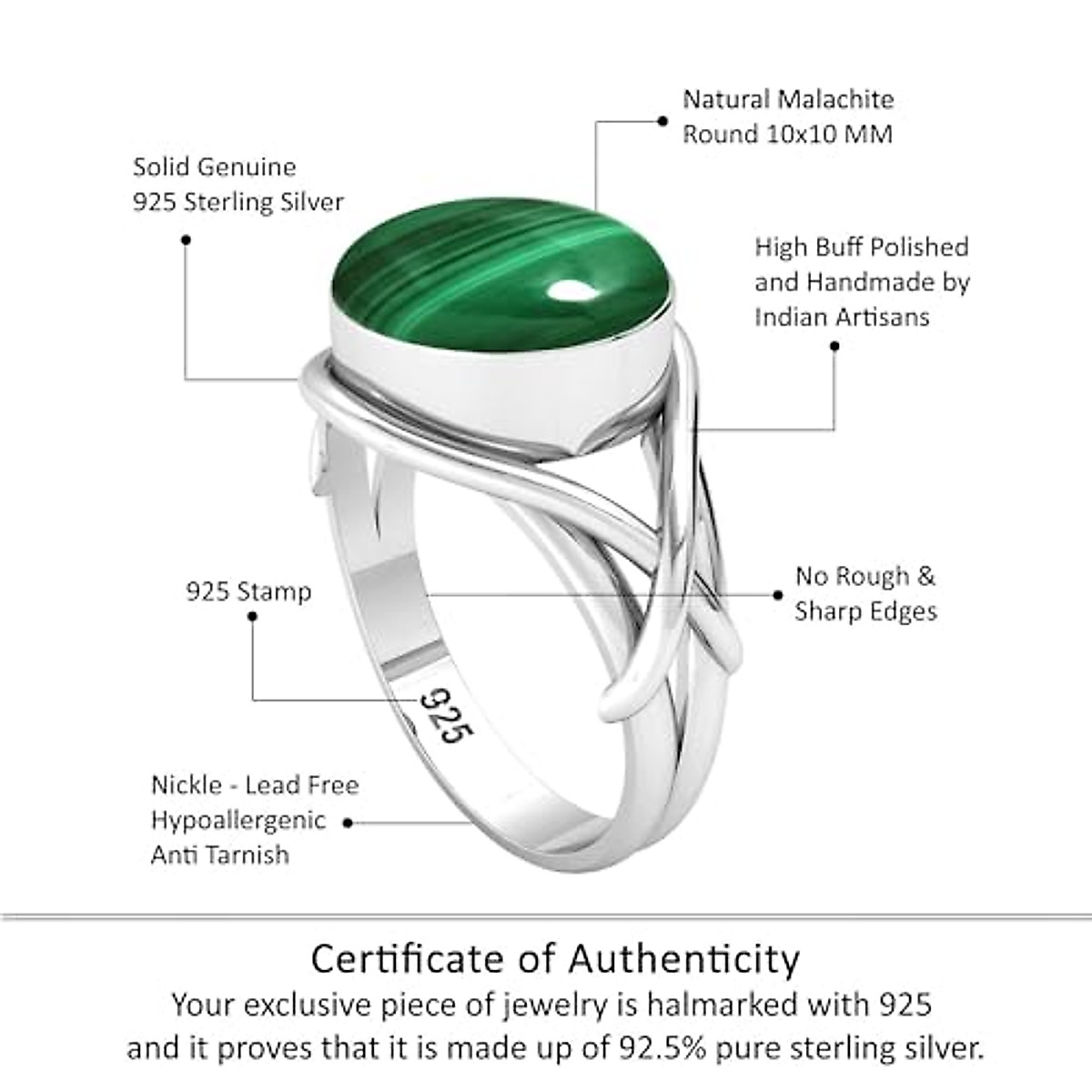 JEWELOPORIUM 925 Silver Ring for Women Green Genuine Malachite Stone Boho Silver Ring Size 8.5 Thanksgiving Gift Statement Jewelry